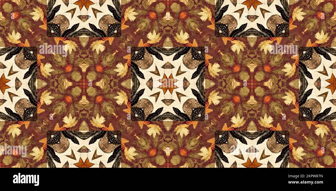 Autumn leaves woodland seamless border. Brown retro kaleidoscopic ...