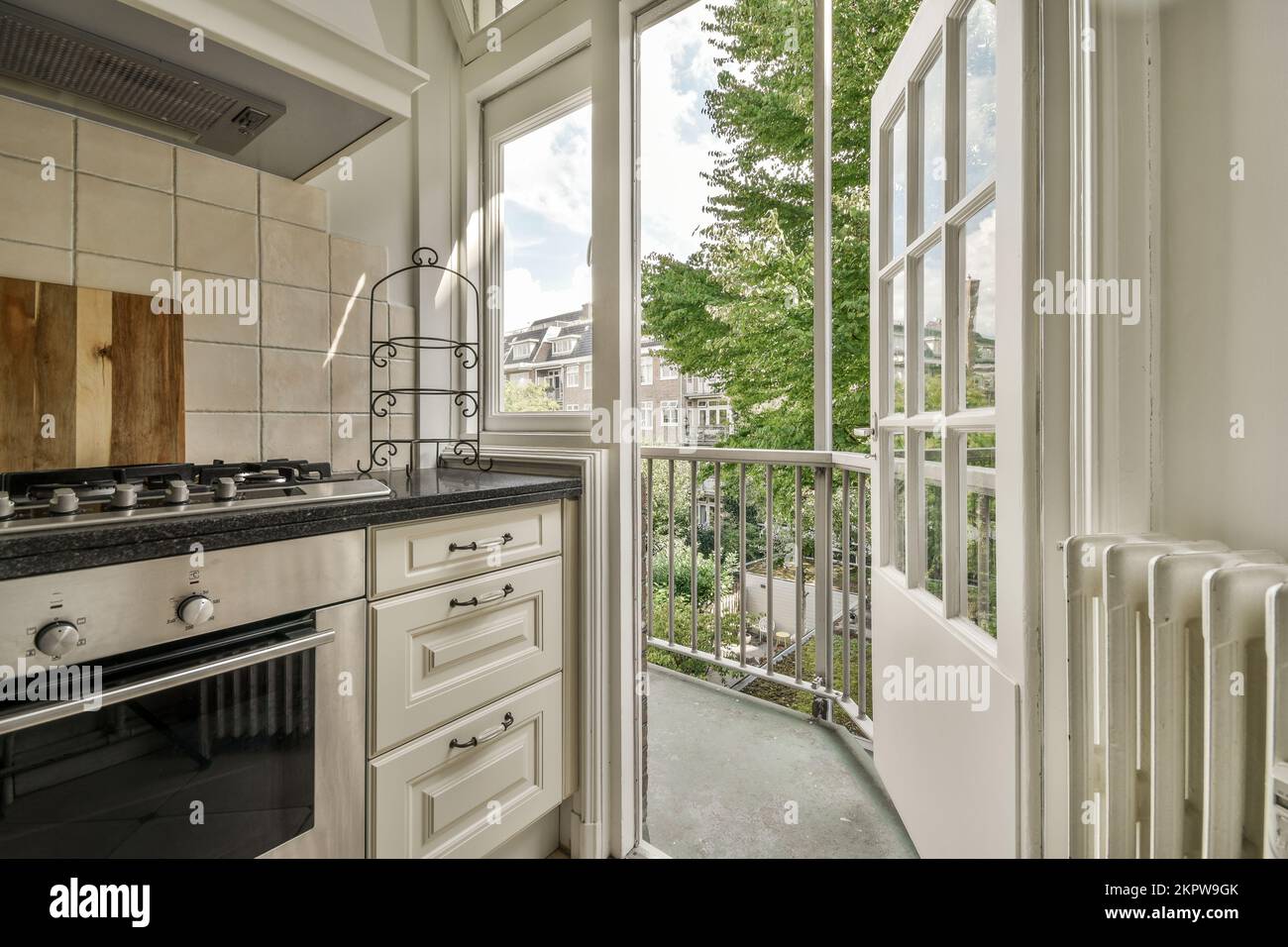 Interior of contemporary kitchen with stylish black cupboards and ...