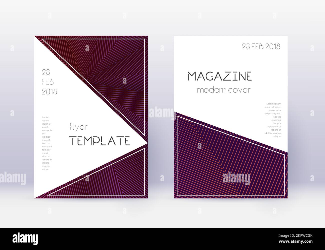 Triangle cover design template set. Violet abstract lines on dark ...