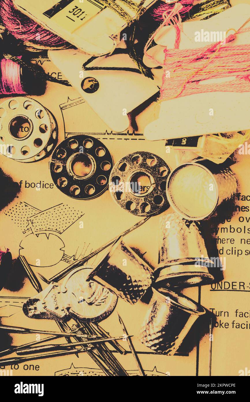 Creative old needlecraft art with a table layout of decorative tools of ...