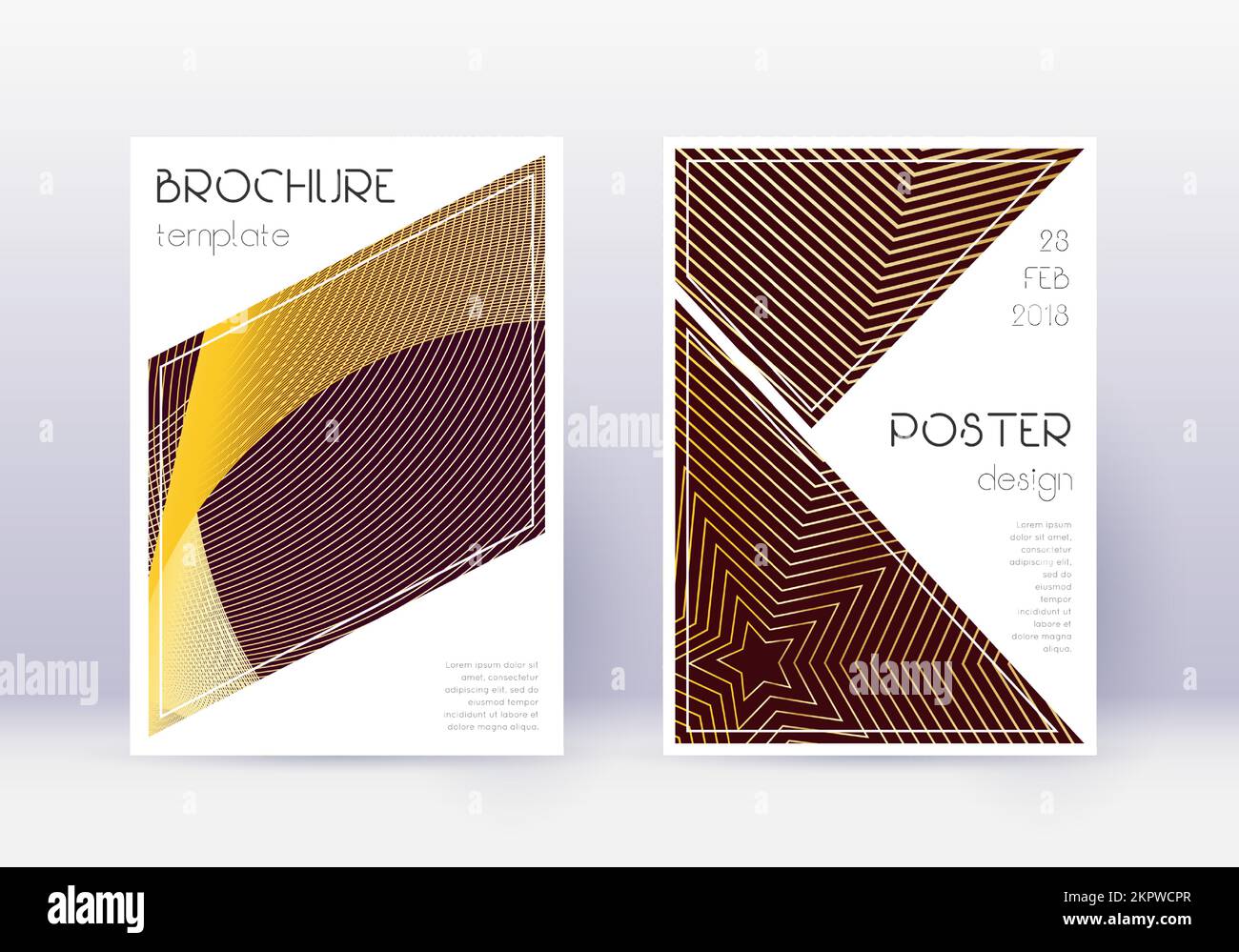 Triangle cover design template set. Gold abstract lines on maroon ...