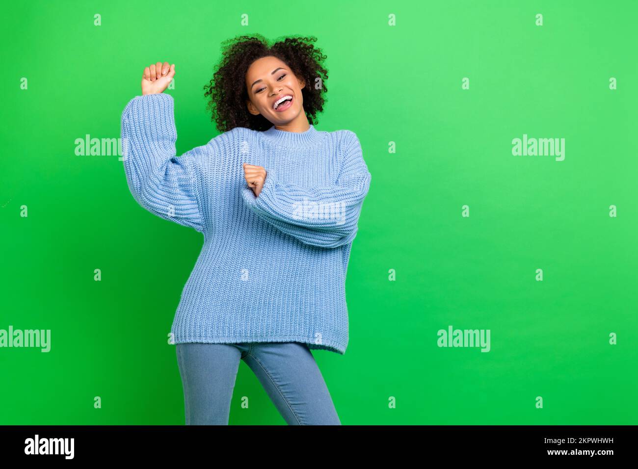 Full length photo of lovely cheery young woman wavy hair dancing ...
