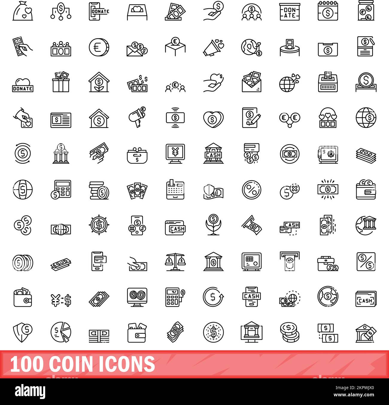 100 coin icons set. Outline illustration of 100 coin icons vector set ...