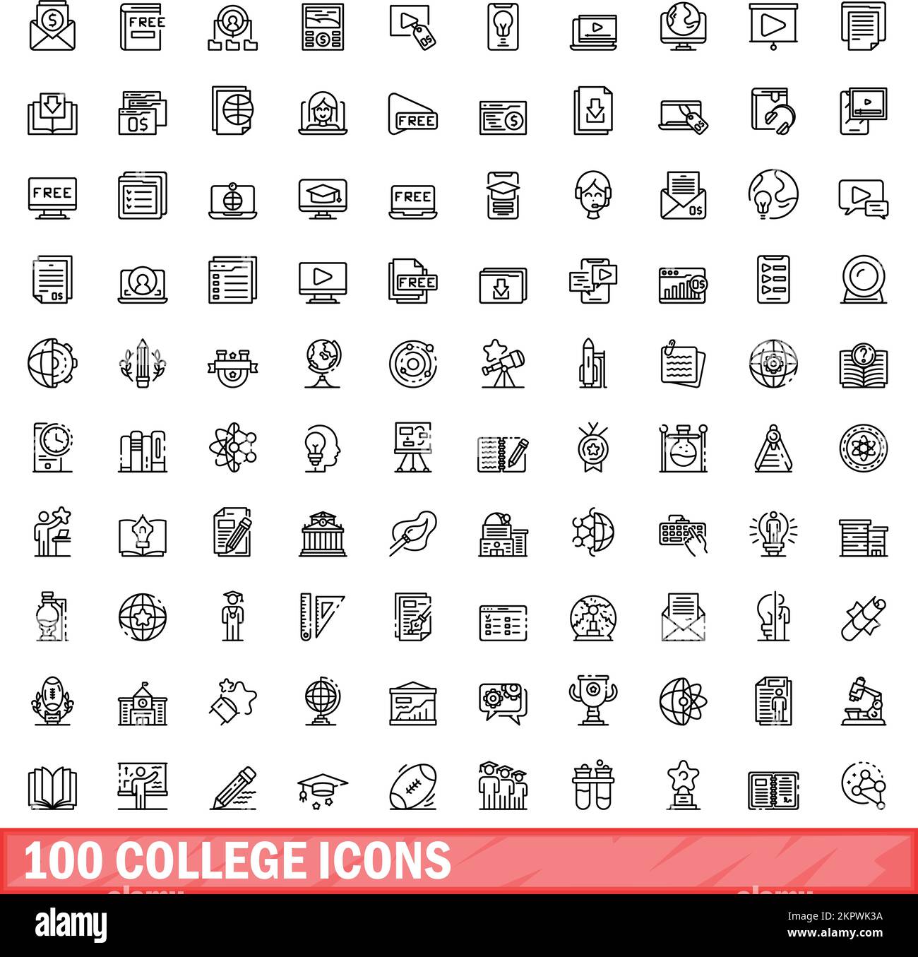 100 college icons set. Outline illustration of 100 college icons vector ...