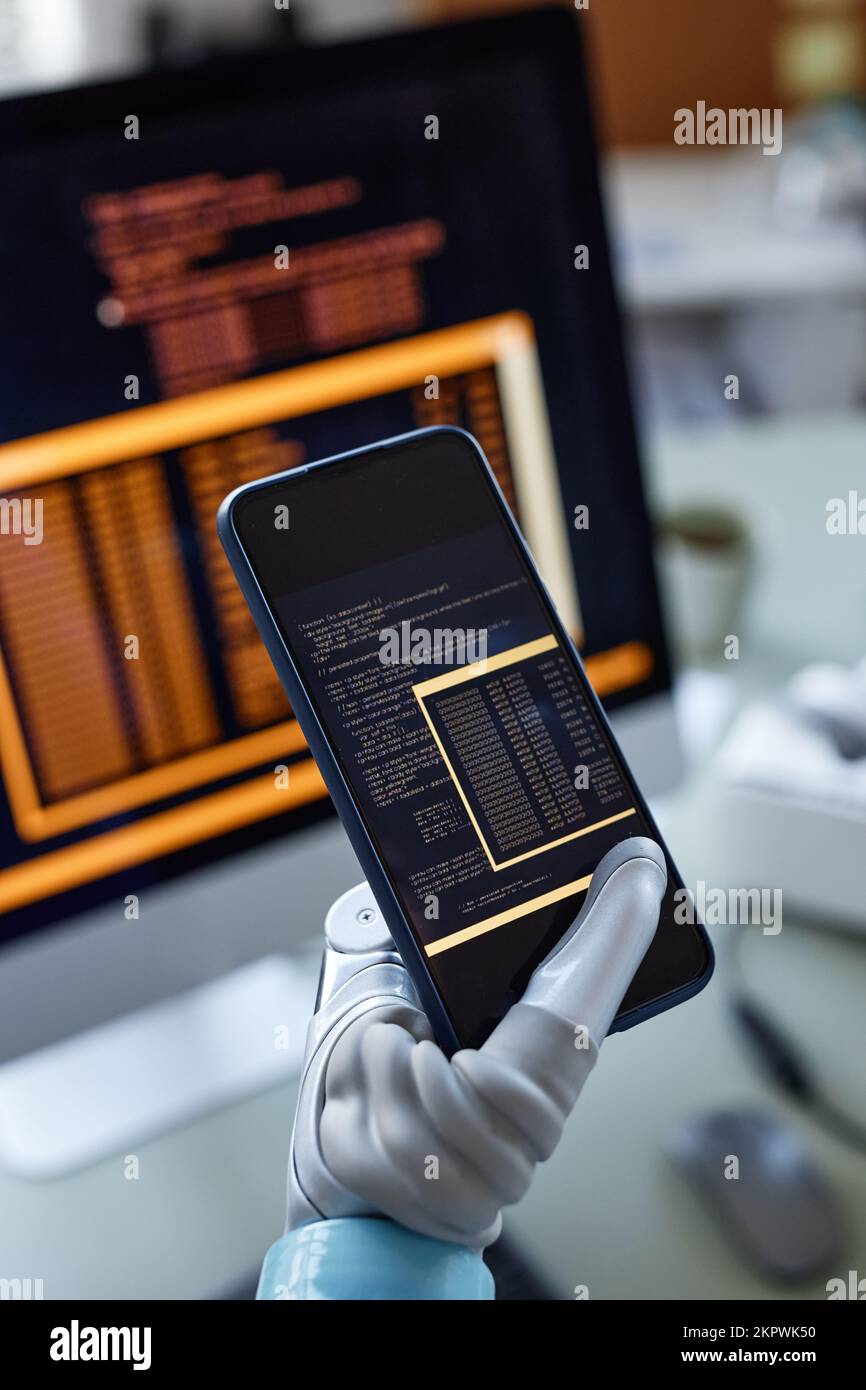 Closeup image of programmer testing code of new app on smartphone Stock ...