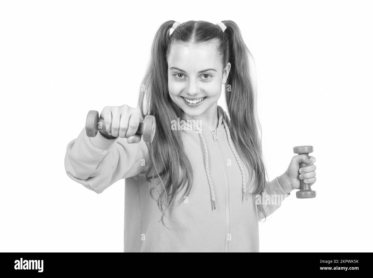 happy strong child training with barbells isolated on white, exercise ...