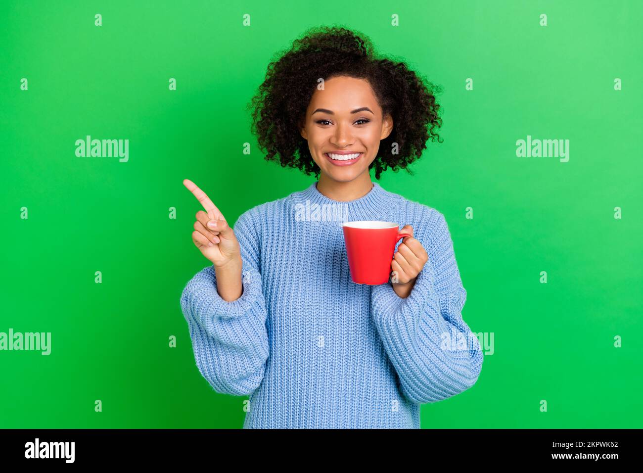 Photo portrait of lovely young girl curly hair drink coffee point ...