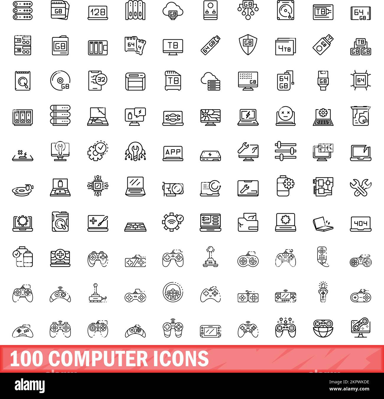 100 computer icons set. Outline illustration of 100 computer icons vector set isolated on white ...
