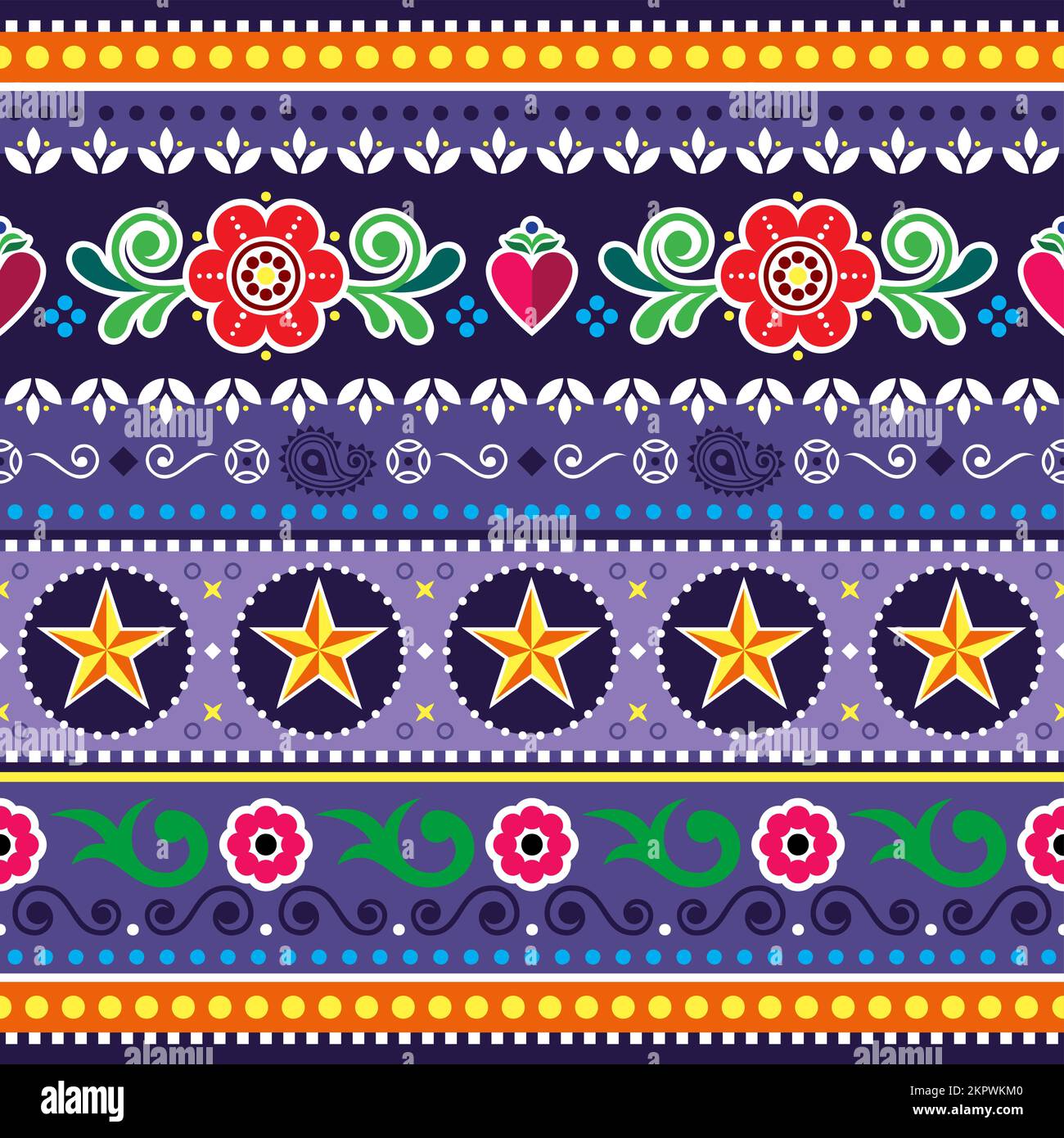 Pakistani and Indian jingle truck vector seamless pattern with hearts ...