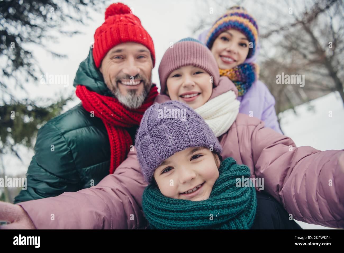 Photo of pretty dreamy husband wife small kids wear windbreakers ...