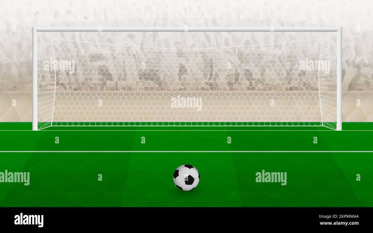 Preparing for the penalty kick at the football stadium, soccer ball and gate on the green soccer ...