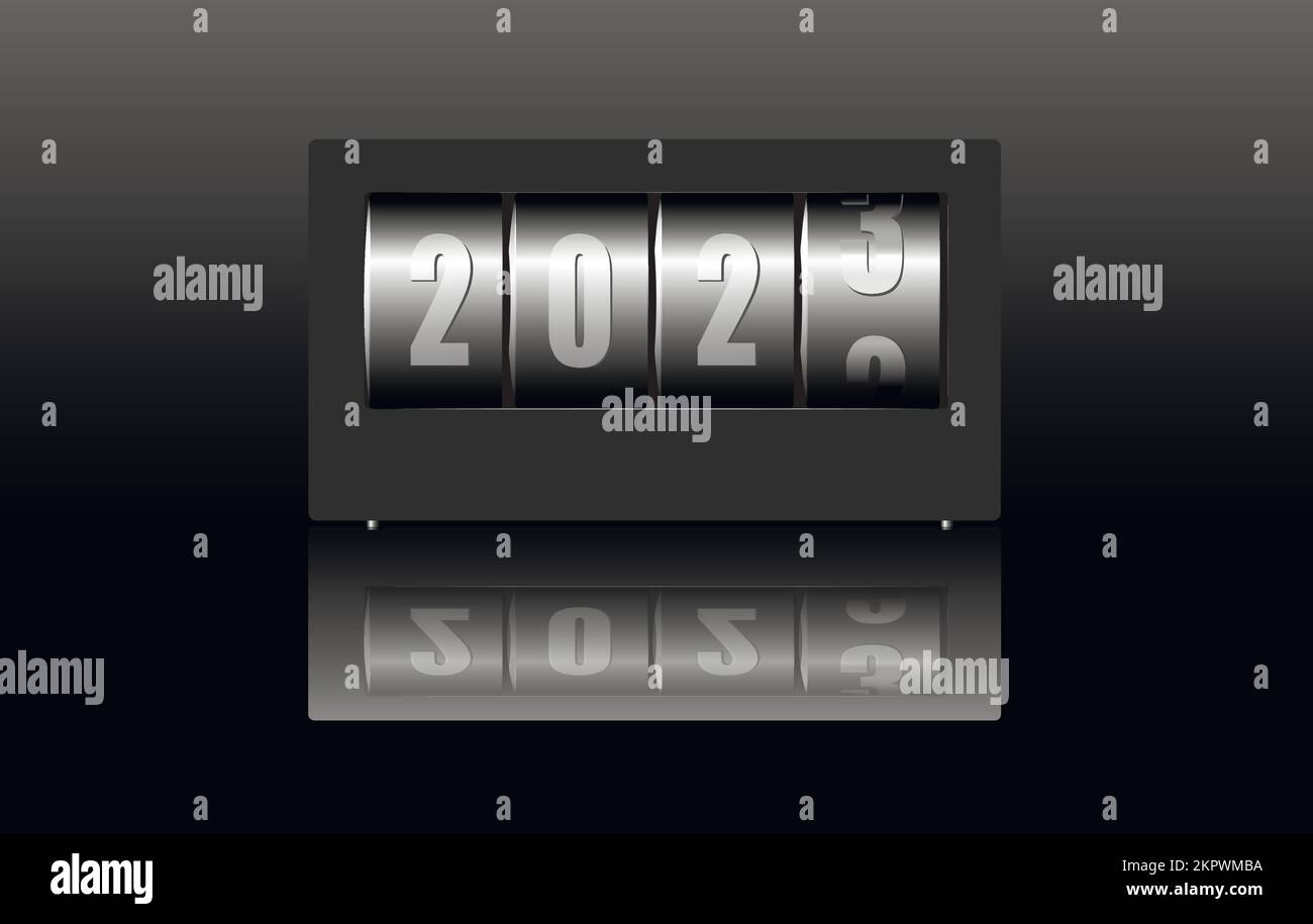 The metal counter shows the countdown to the new year 2023. Reflection on the table. Vector ...