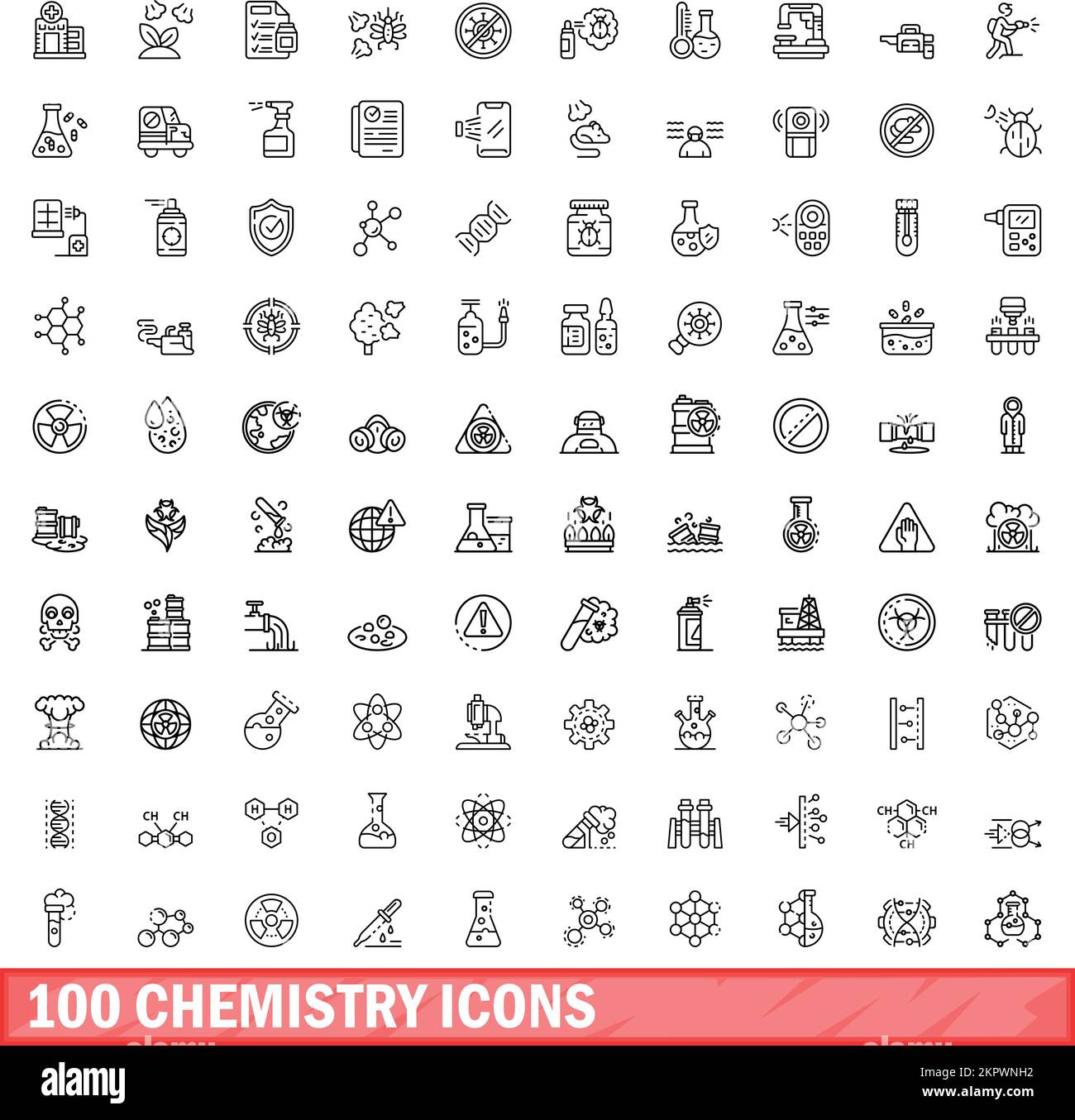100 chemistry icons set. Outline illustration of 100 chemistry icons ...