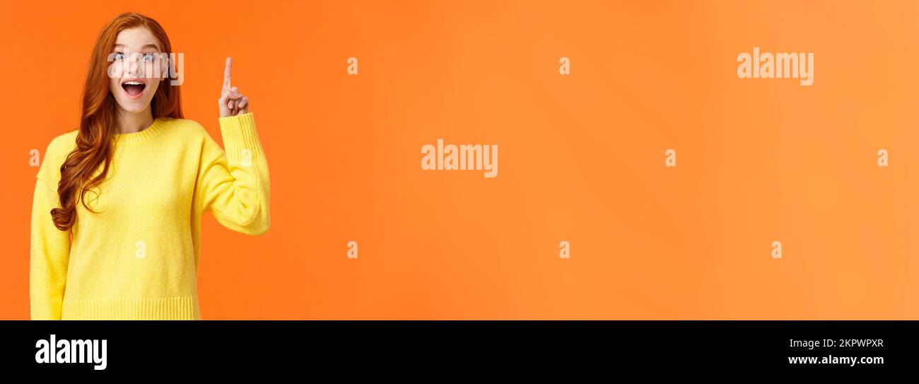 Girl have excellent idea, saying out loud. Excited cute redhead woman ...