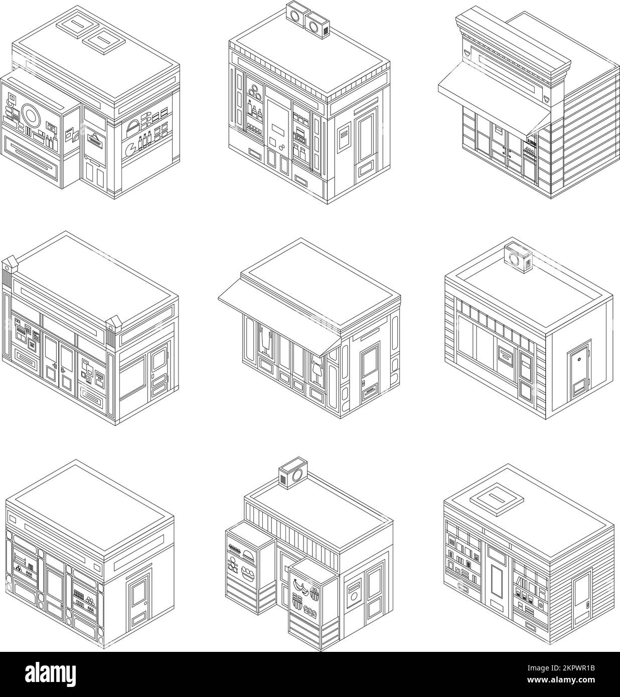 Store facade icon set. Isometric set of store facade vector icons ...