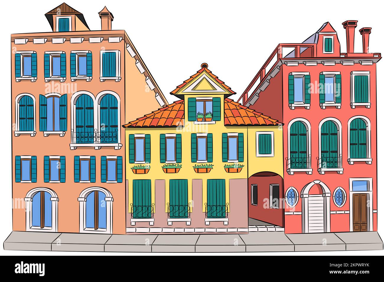 Multicolored facades of old medieval colorful traditional houses isolated on white background ...