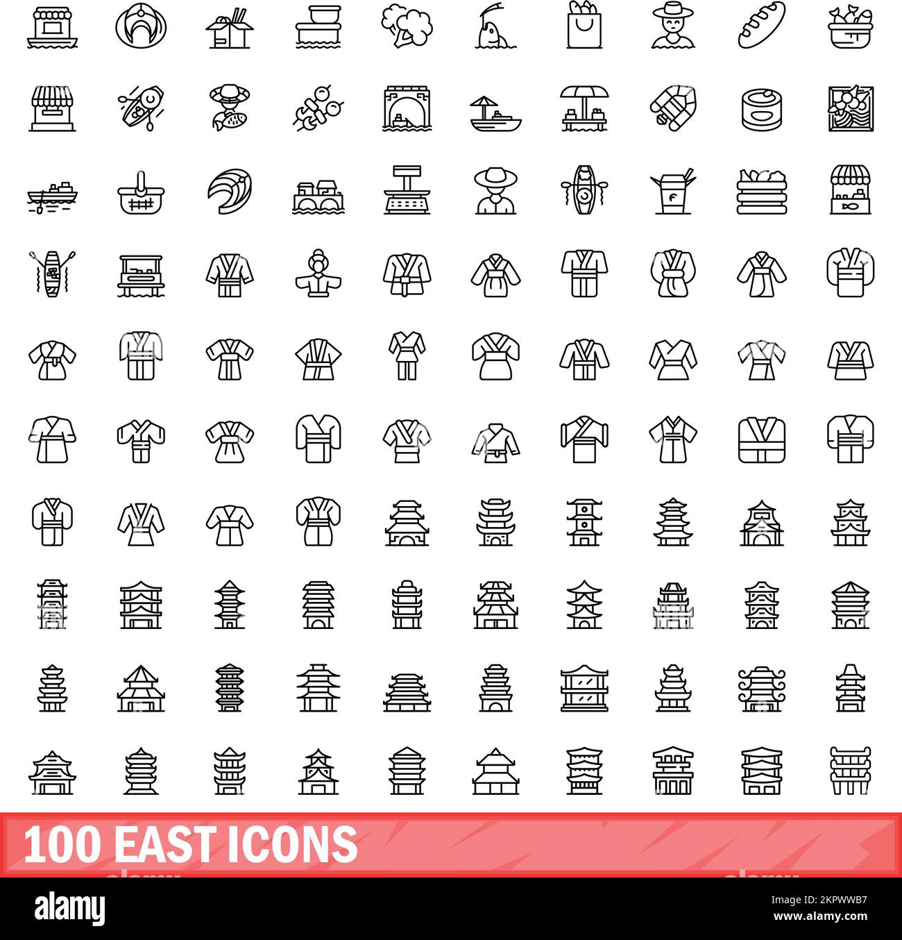 100 east icons set. Outline illustration of 100 east icons vector set ...