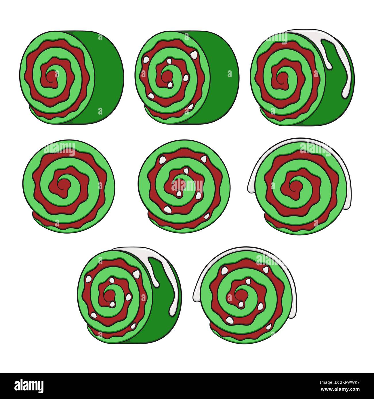 Set of colored green and red Christmas roll illustrations. Isolated ...