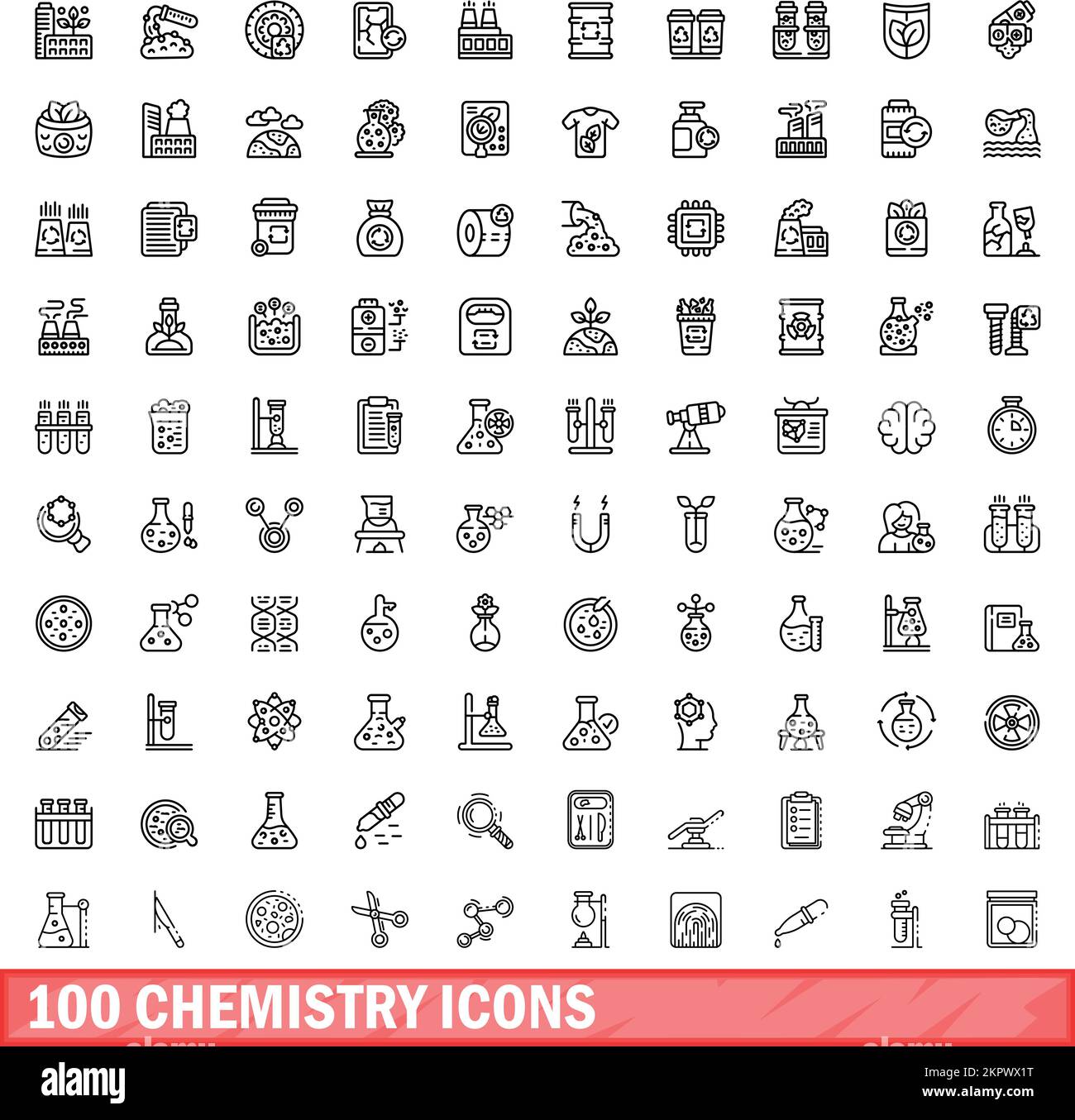 100 chemistry icons set. Outline illustration of 100 chemistry icons ...