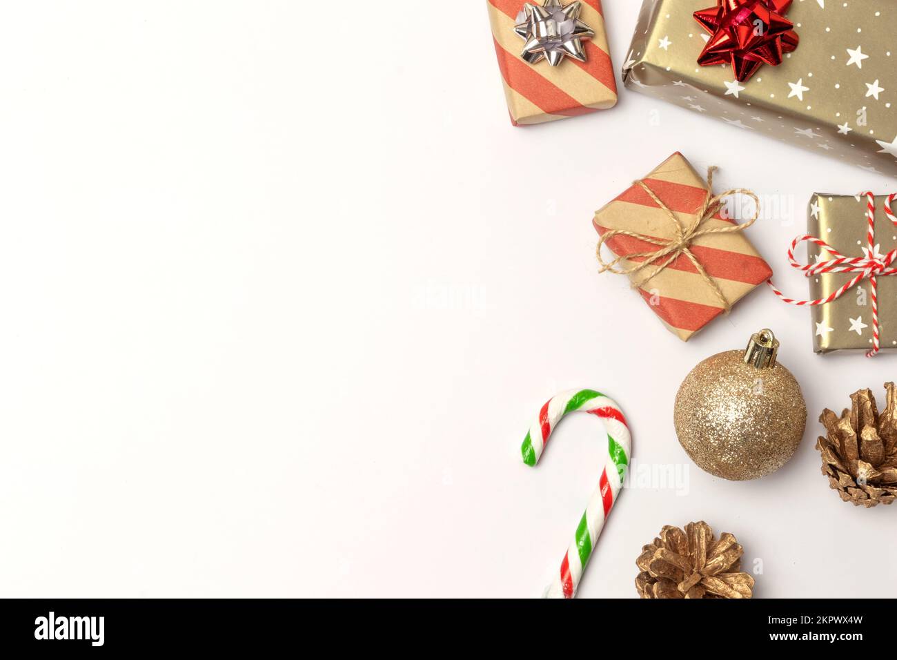 Christmas decorations top view with copy space on white background with ...