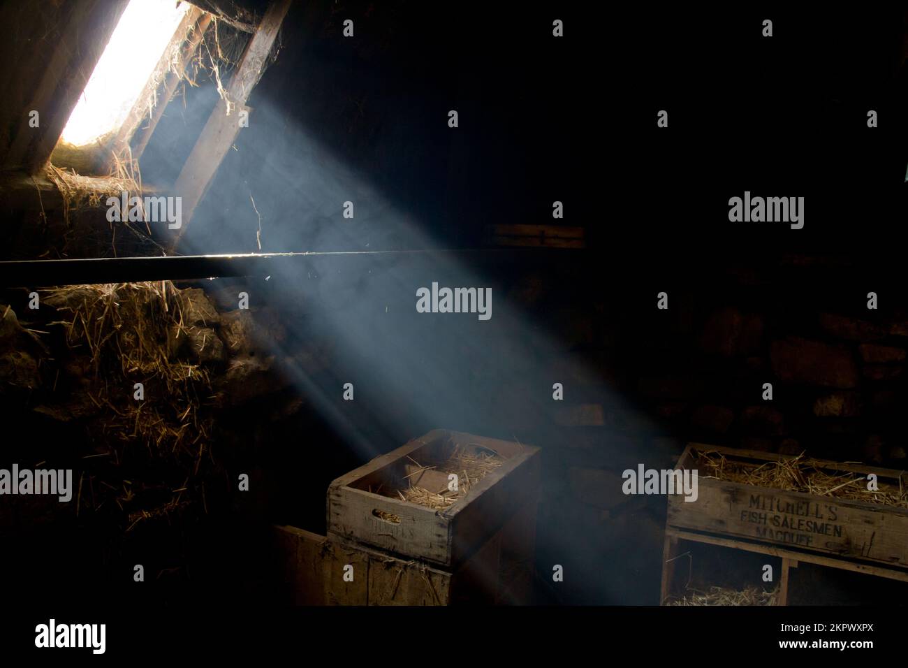 Sunlight beam enters an old hay barn Stock Photo - Alamy