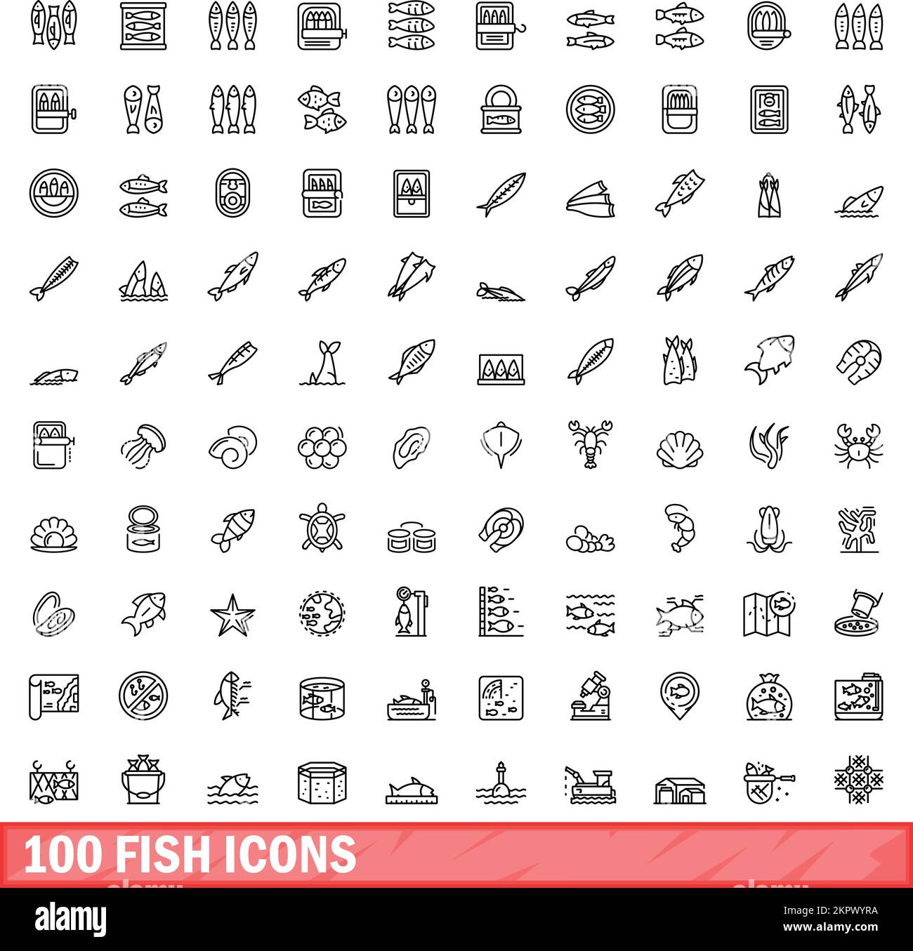 100 fish icons set. Outline illustration of 100 fish icons vector set ...