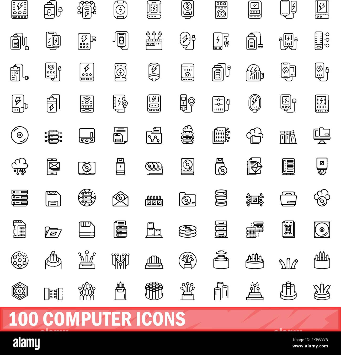 100 computer icons set. Outline illustration of 100 computer icons ...
