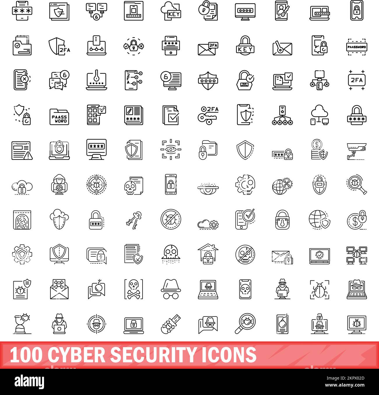 100 cyber security icons set. Outline illustration of 100 cyber ...