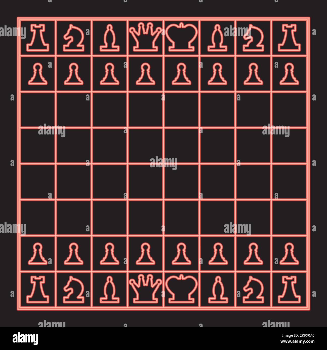 Neon chessboard and chess pieces line figures red color vector ...