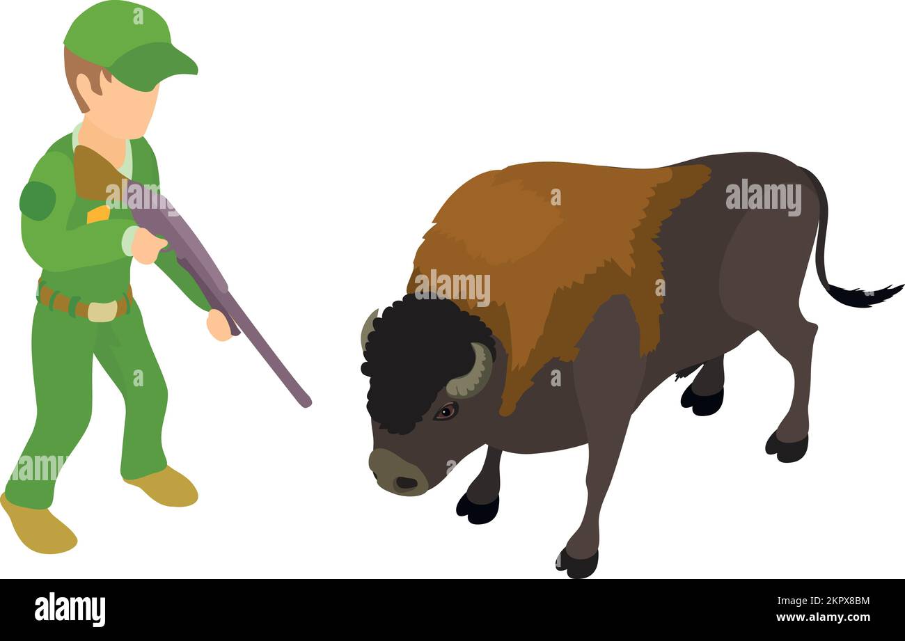Bison capturing icon isometric vector. Man with rifle in hand and ...