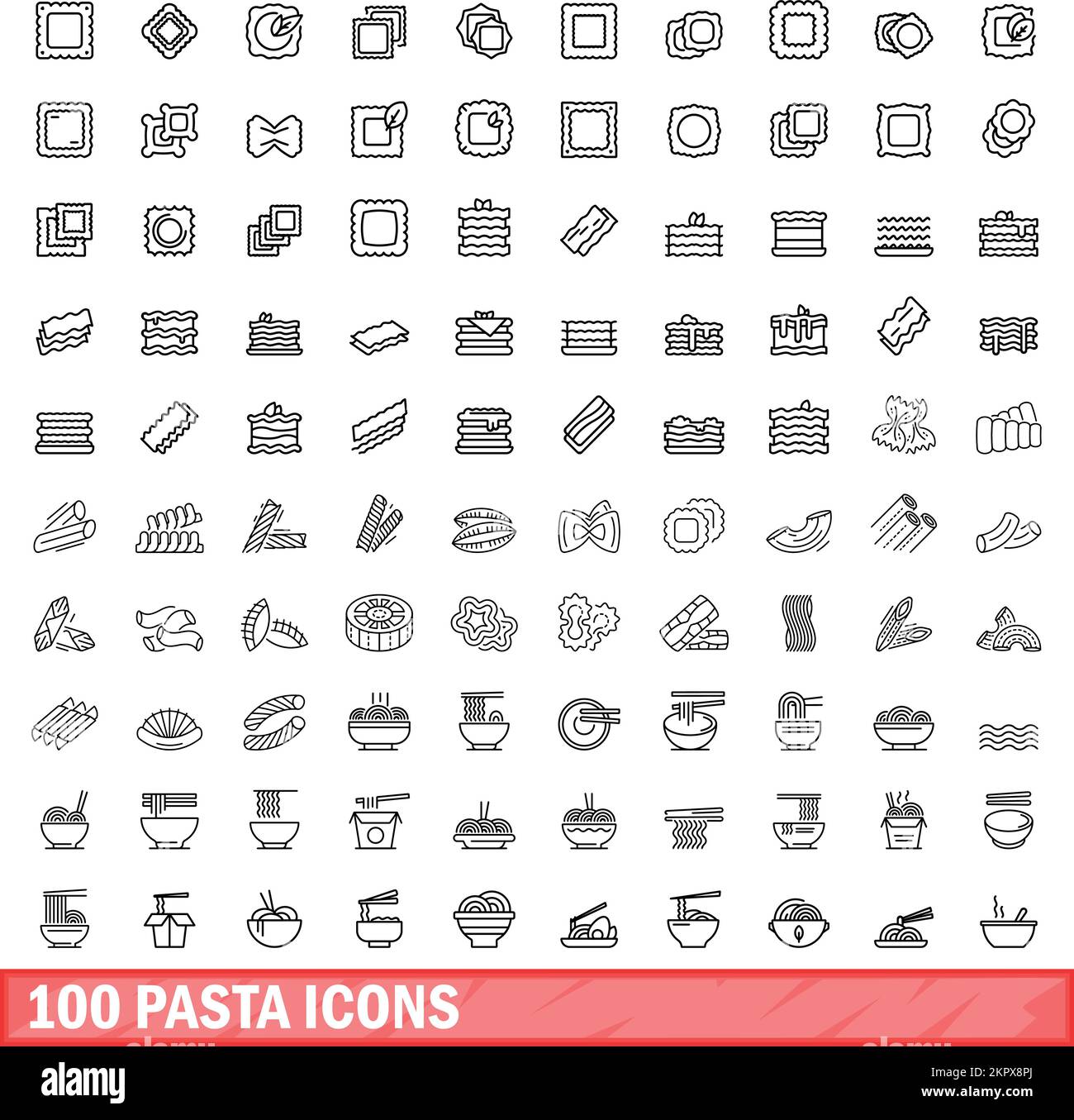 100 pasta icons set. Outline illustration of 100 pasta icons vector set ...