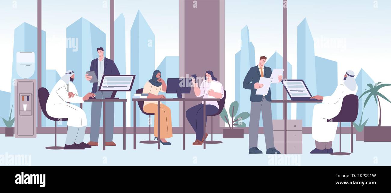Office colleagues working. International company, arabian and european ...