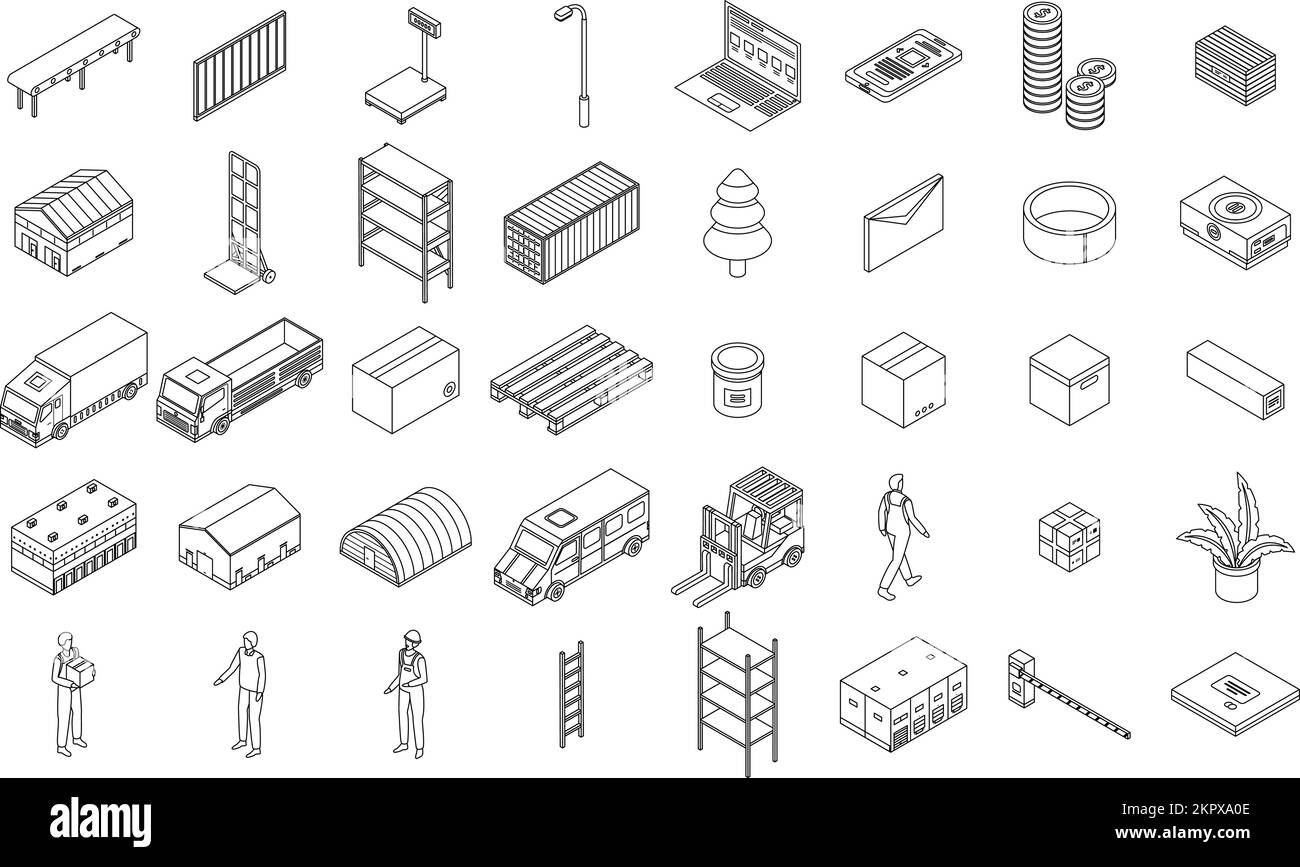 Warehouse icons set. Isometric set of warehouse vector icons outline ... Warehouse icons set. Isometric set of warehouse vector icons outline ...