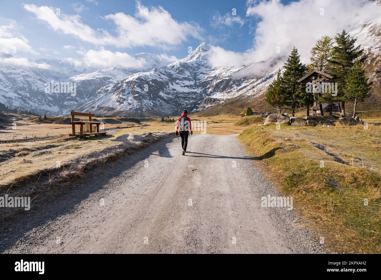 Rear view of a woman walking along an alpine footpath towards mountains ...