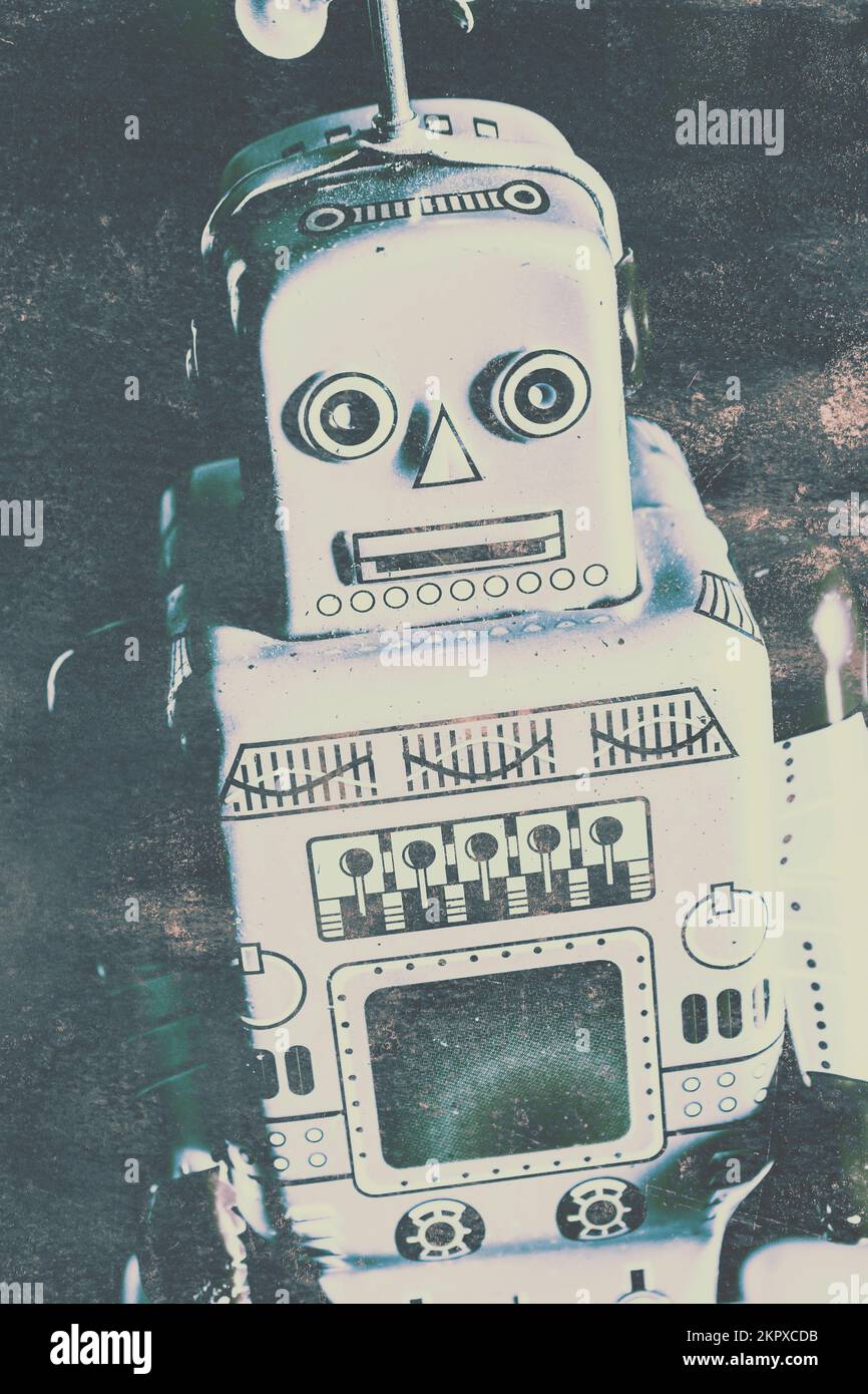 Vintage fine artwork on a texture robotic drone in a nostalgic textured ...