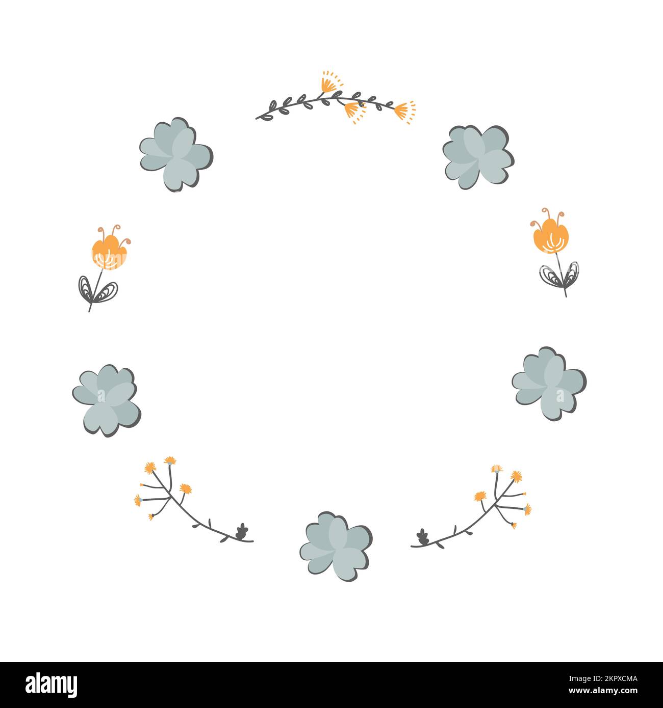 Hand drawn doodle flowers wreath frame. Round frame for cards and ...