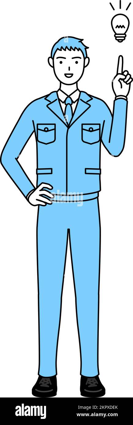 Simple line drawing of a Man in work clothes coming up with an idea ...