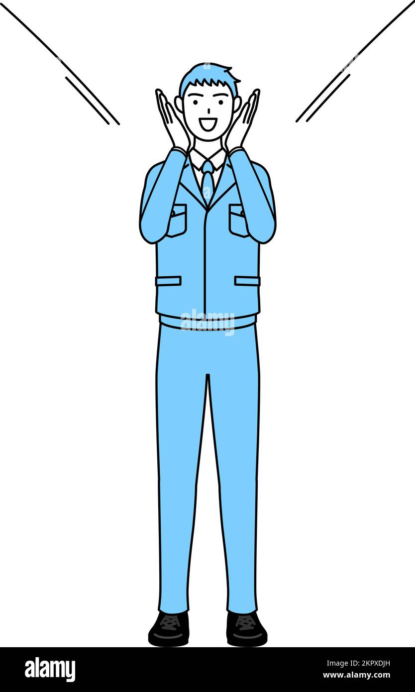 Simple line drawing of a Man in work clothes calling out with his hand ...