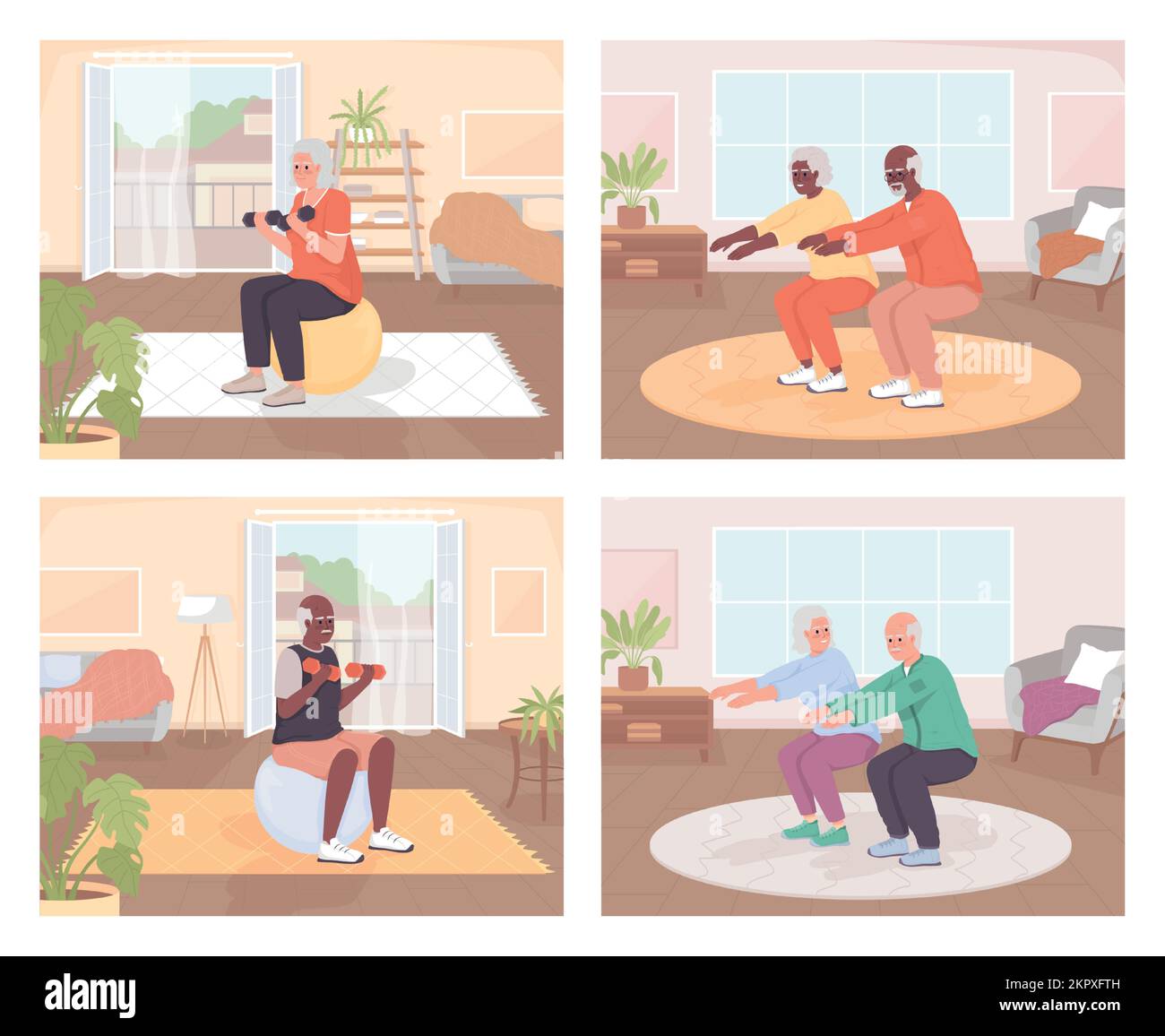 Exercising for elderly people flat color vector illustrations set Stock ...