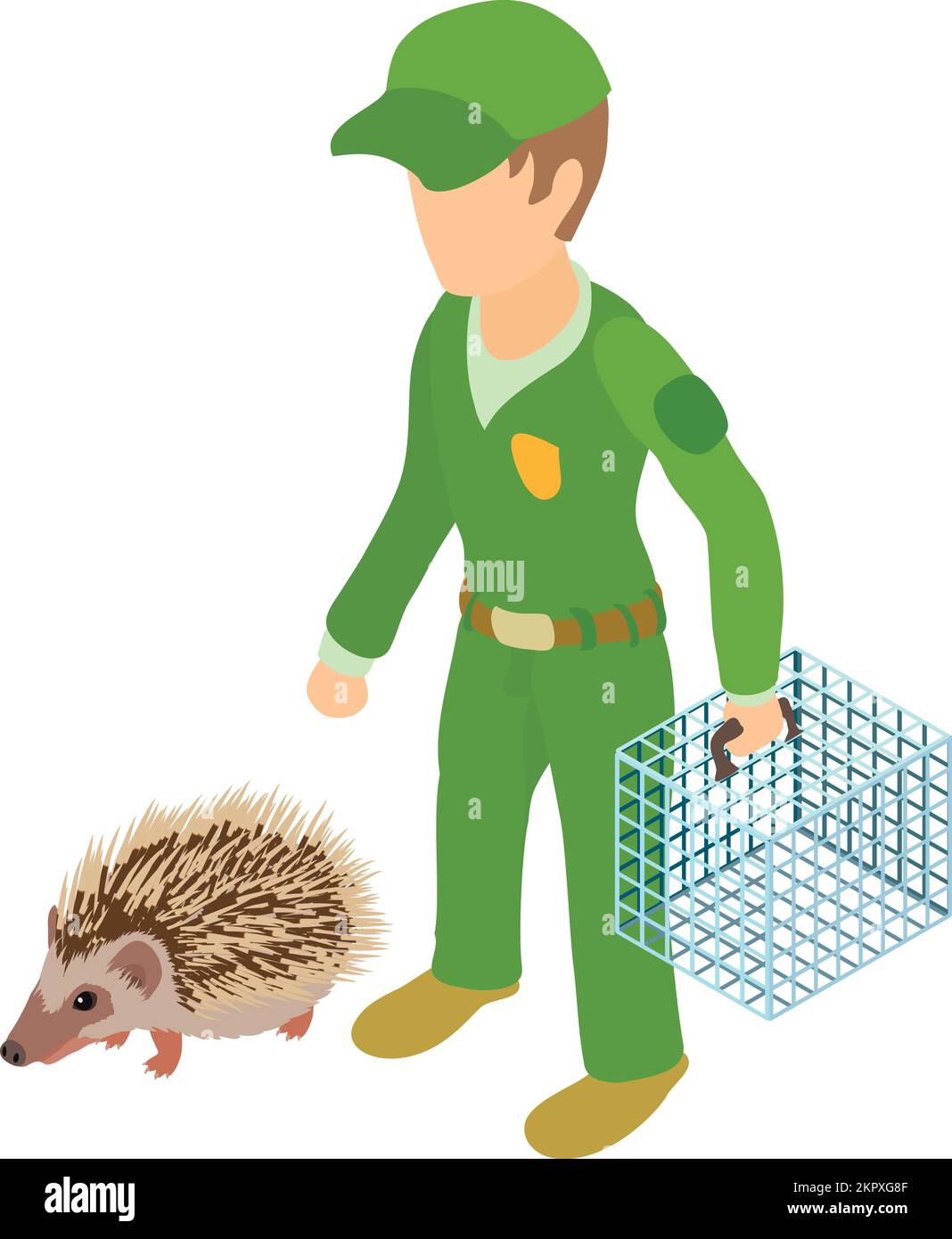 Pest management icon isometric vector. Sanitary worker with cage catche ...