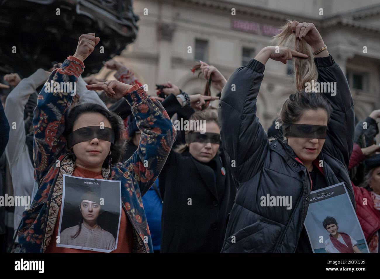 London, UK. 26th November, 2022. Iranian hair cutting protest. Dozens ...
