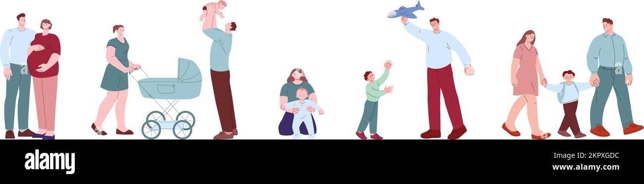 Parents and son, from pregnancy to primary school student ages. Flat ...