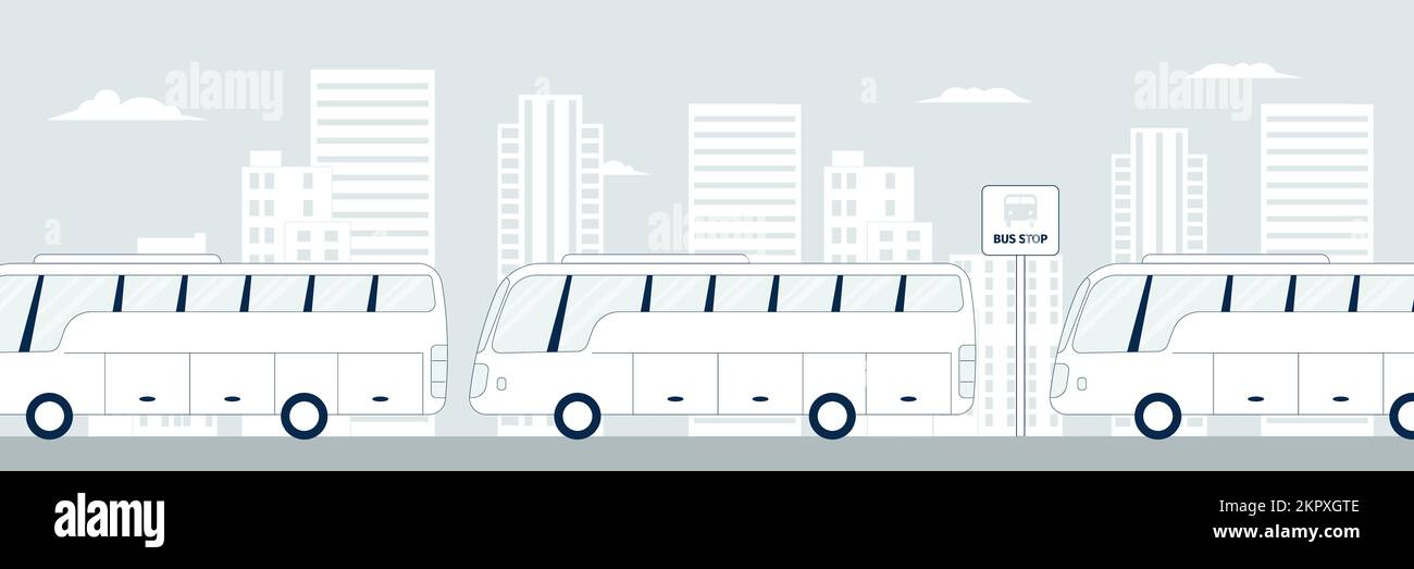 City bus stop. Urban social transportation, buses waiting on stop ...