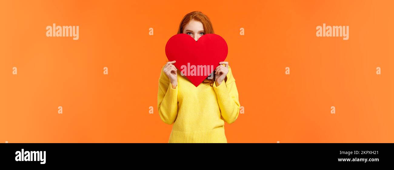 Cute romantic and blushing girl express her feelings on valentines day ...