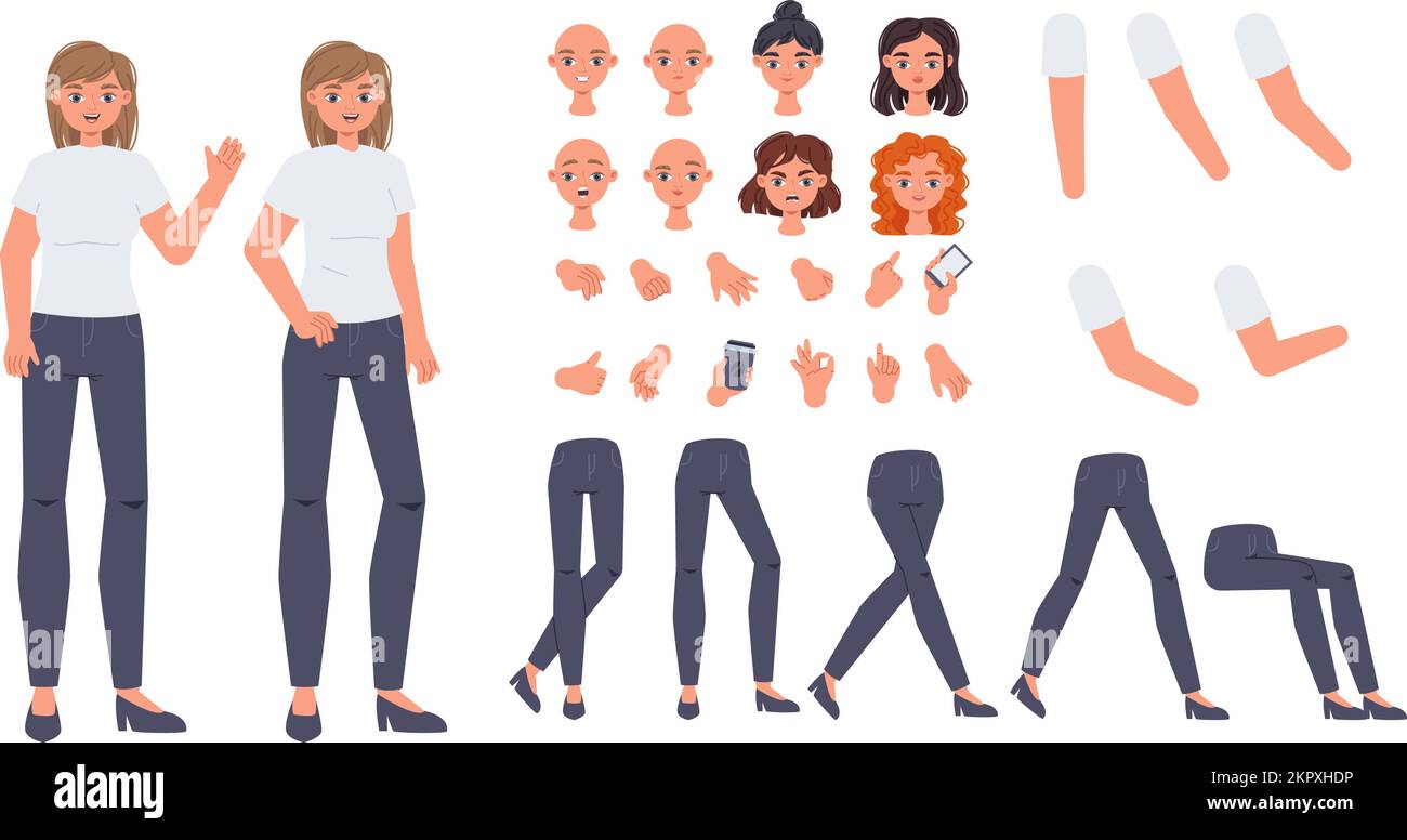 Cartoon girl character creation constructor. Cute blonde woman, legs ...