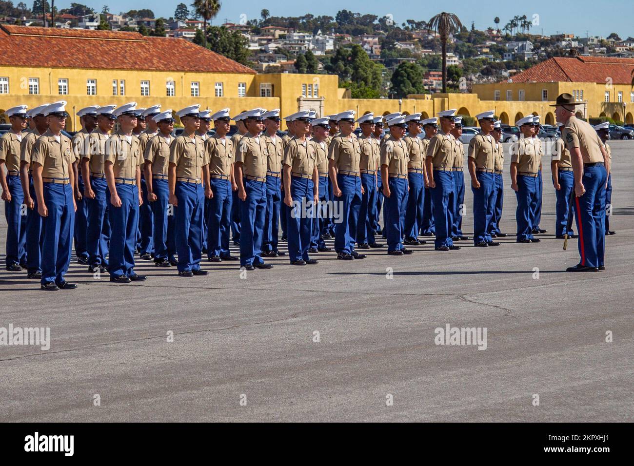 A U.S. Marine Corps Senior Drill Instructor dismisses his platoon ...