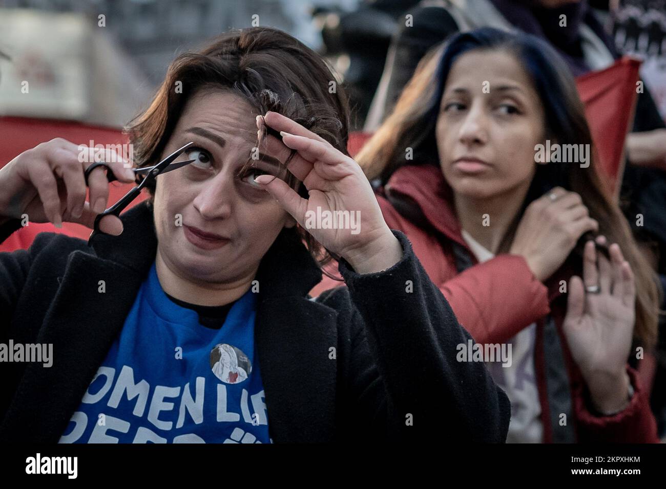 London, UK. 26th November, 2022. Iranian hair cutting protest. Dozens ...