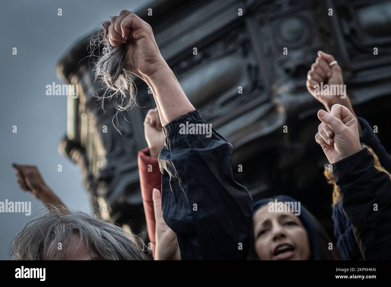 London, UK. 26th November, 2022. Iranian hair cutting protest. Dozens ...