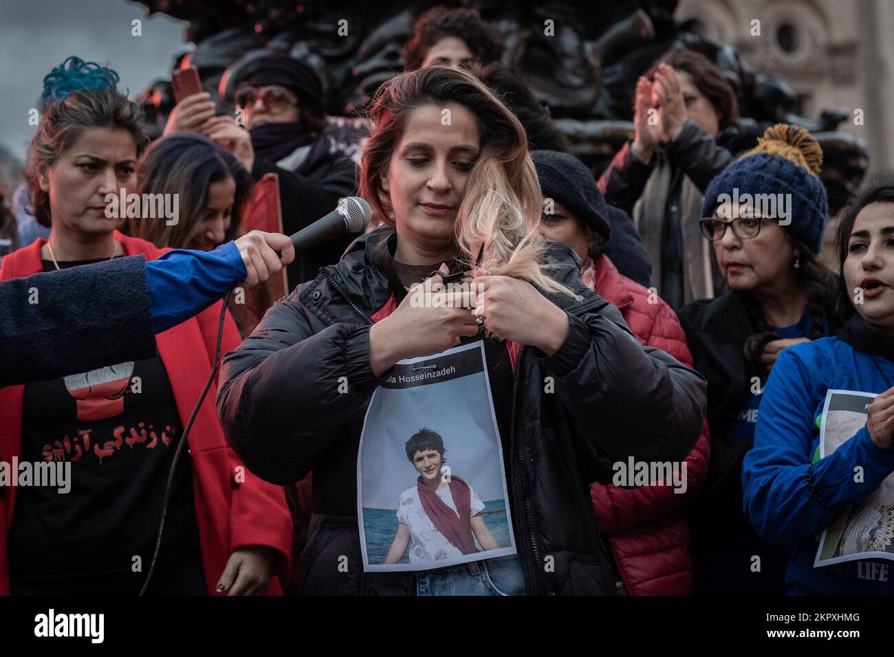 London, UK. 26th November, 2022. Iranian hair cutting protest. Dozens ...
