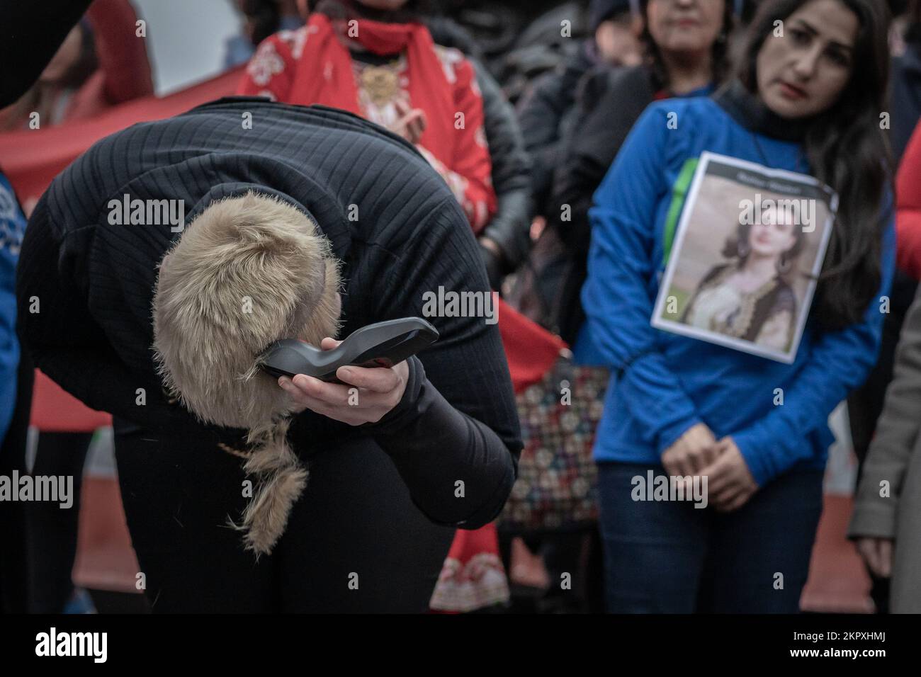 London, UK. 26th November, 2022. Iranian hair cutting protest. Dozens ...
